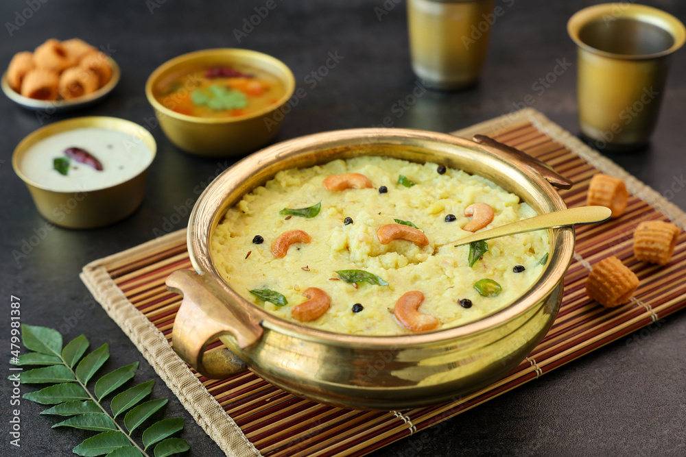 Ven Pongal Khara Pongal with Sambar coconut Chutney popular Indian ...