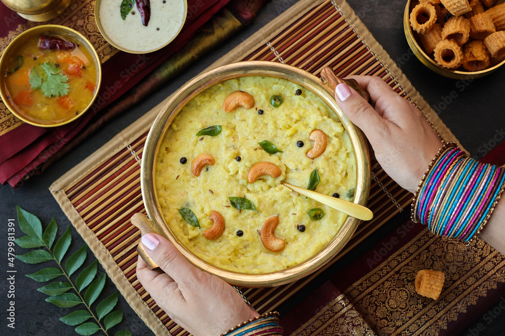 Ven Pongal Khara Pongal Sambar coconut chutney woman hand serving ...