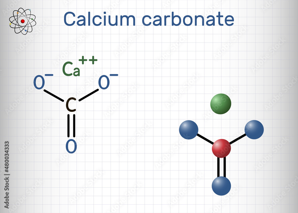 Calcium carbonate molecule. It is ionic compound, carbonic salt of ...