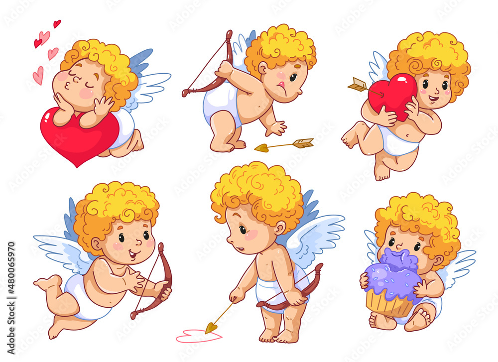 Set of cartoon cupids. Cute little angels in different poses, isolated ...