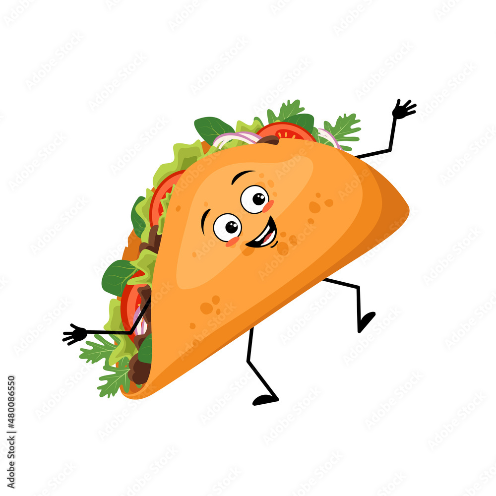 Cute character mexican taco with happy emotions, face, smile, eyes ...