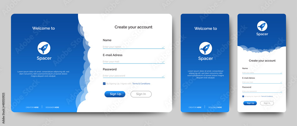 Set of Sign Up and Sign In forms. Blue gradient. Mobile Registration ...