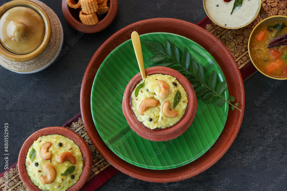 Ven Pongal Khara Pongal Sambar coconut chutney woman hand serving ...