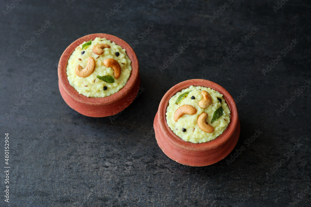 Ven Pongal Khara Pongal Sambar coconut chutney woman hand serving ...