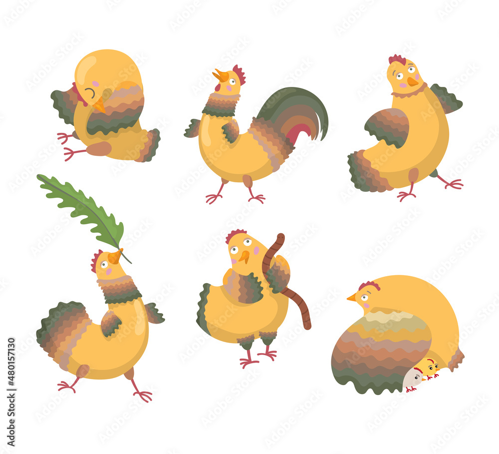 Collection of rooster, hen and chicks isolated on white background ...