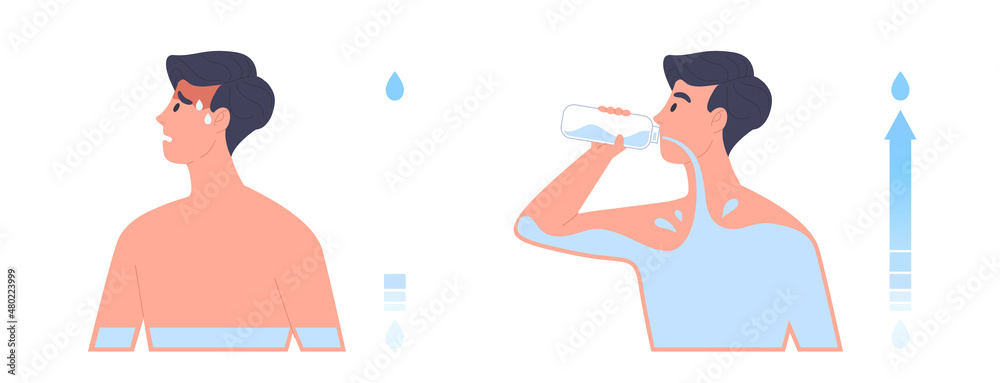 Illustration of man showing dehydrated body and and drinking water with ...