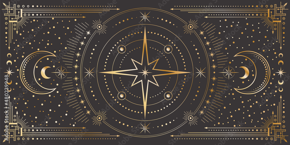 Vector celestial background with ornate outline geometric frame, star ...