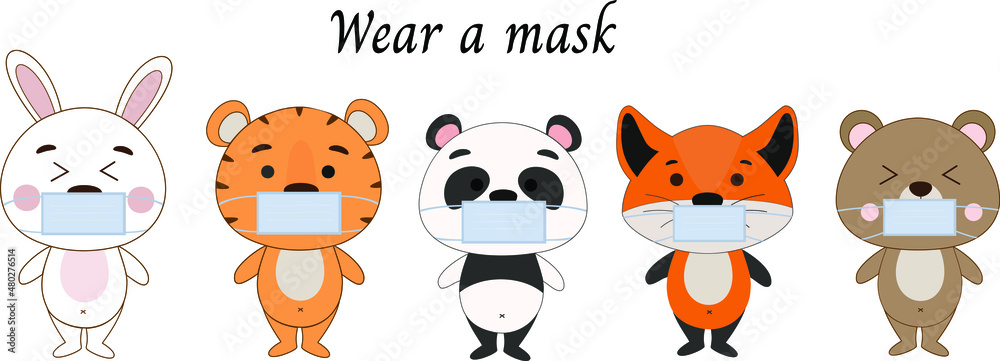 Set of animals wearing face mask protect from virus. Cute cartoon ...