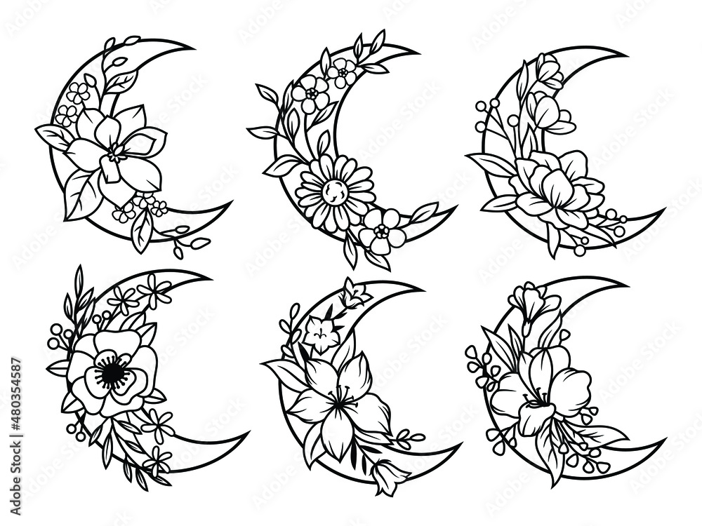 Crescent Moon Drawing With Flowers
