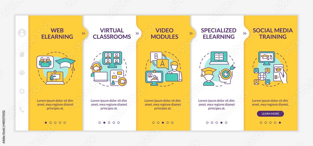 Elearning types yellow onboarding template. Online education. Responsive mobile website with ...