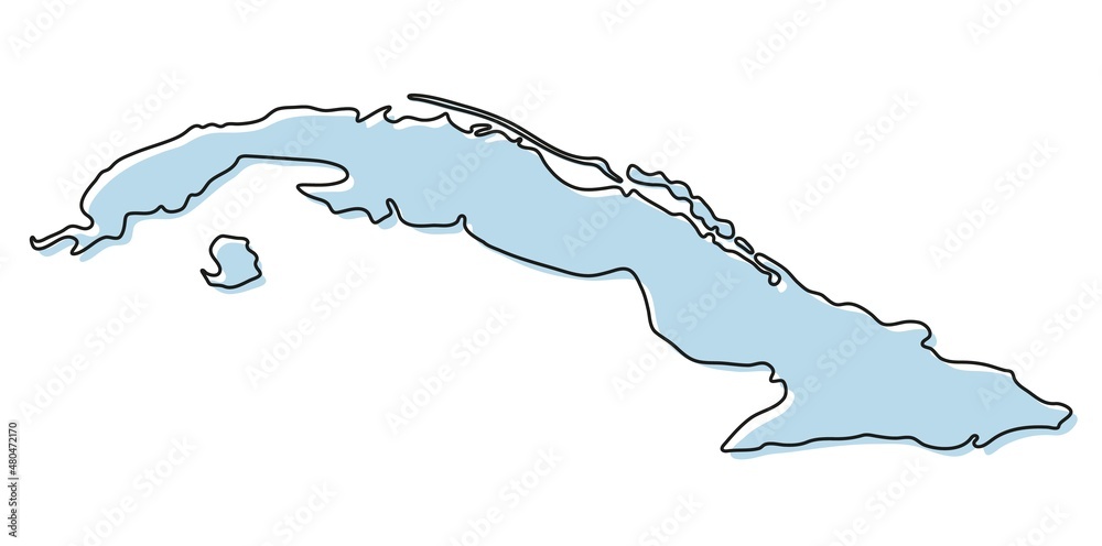 Stylized simple outline map of Cuba icon. Blue sketch map of Cuba ...