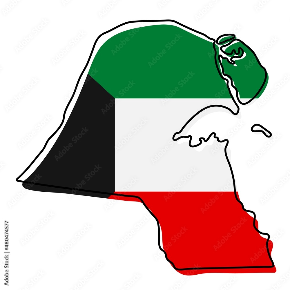 Stylized outline map of Kuwait with national flag icon. Flag color map ...