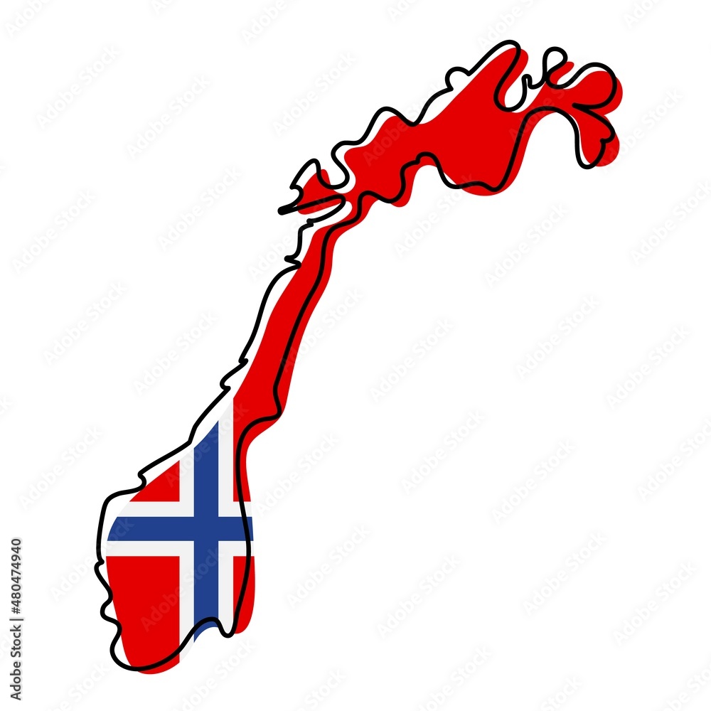 Stylized outline map of Norway with national flag icon. Flag color map ...