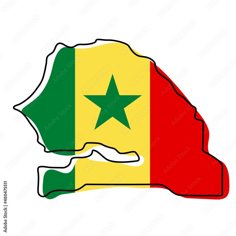 Stylized outline map of Senegal with national flag icon. Flag color map ...