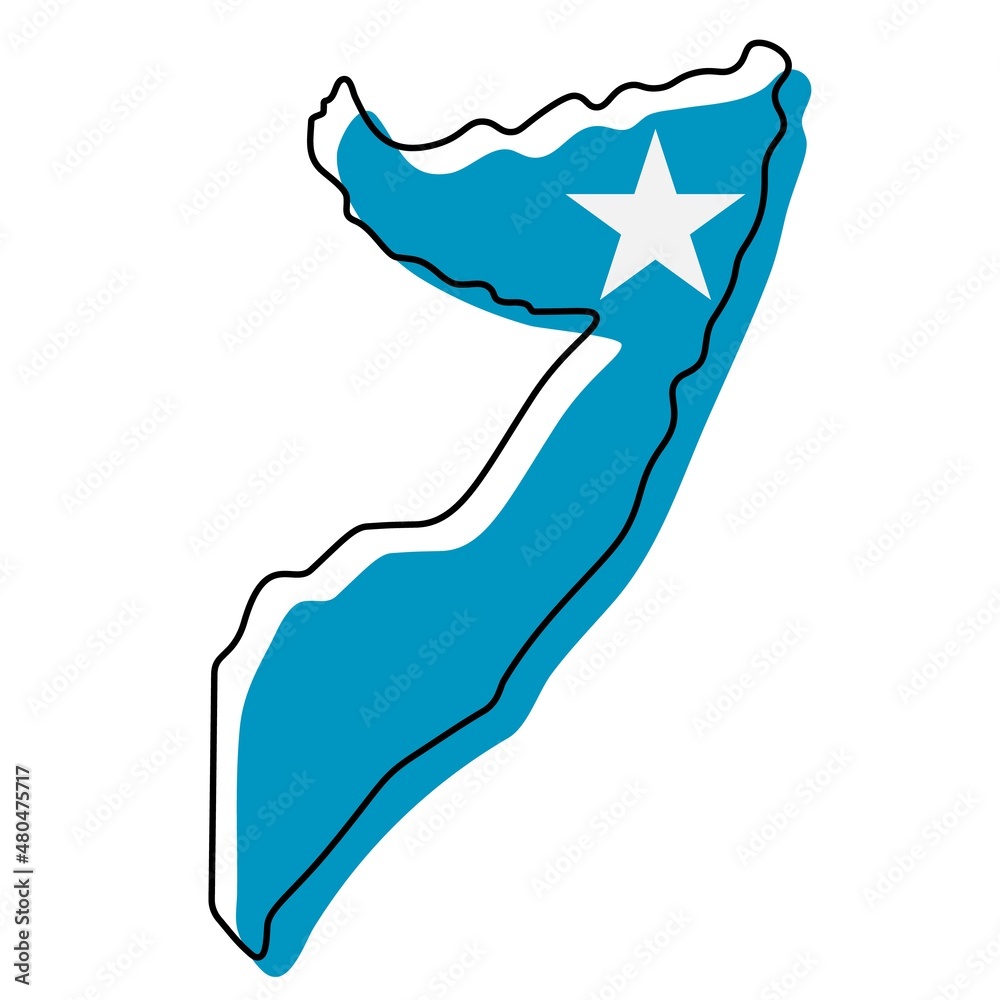 Stylized outline map of Somalia with national flag icon. Flag color map ...