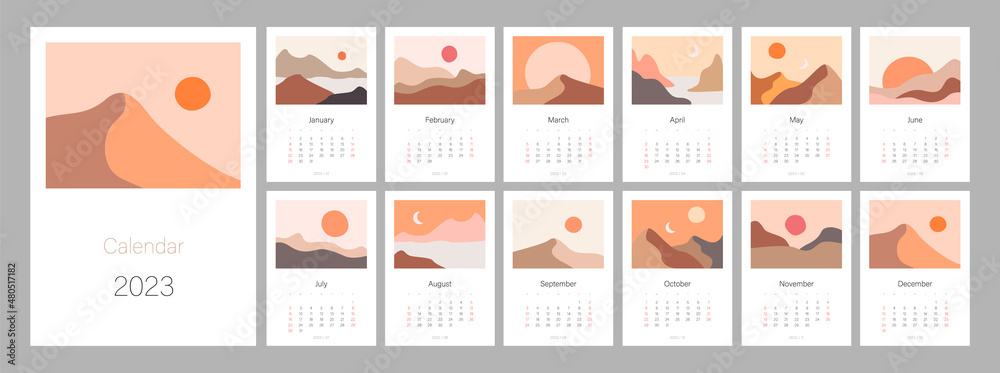Calendar template for 2023. Vertical design with abstract natural boho ...