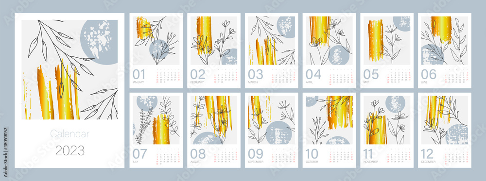 Botanical calendar template for 2023. Vertical gold luxury design with ...