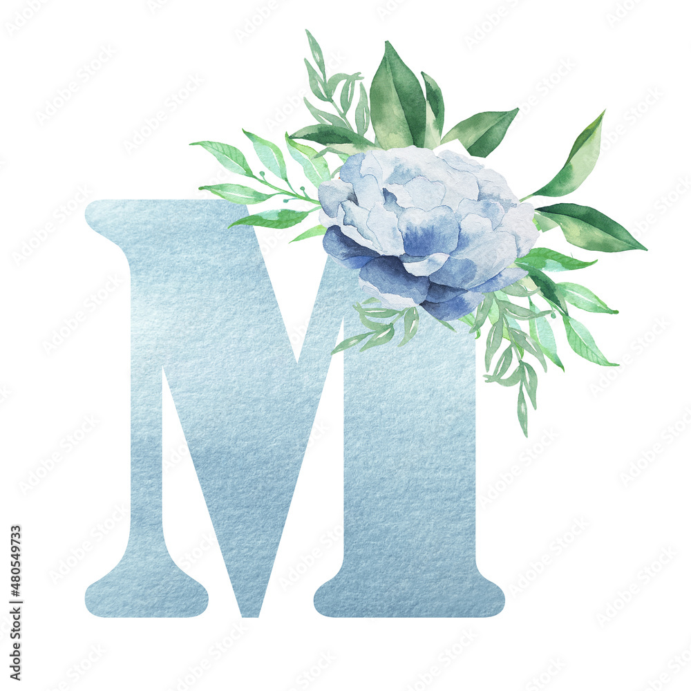 Floral alphabet watercolor blue color letter M with flowers bouquet ...
