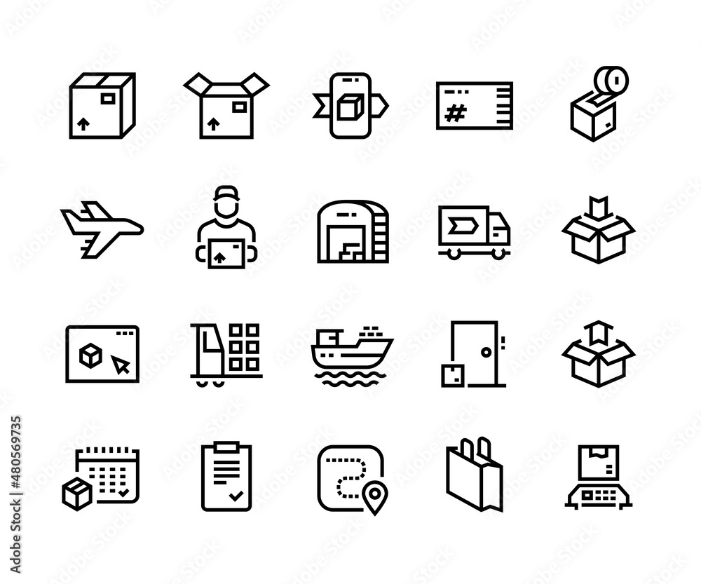 Shipping line icons. Outline box package, warehouse mail tracking and ...