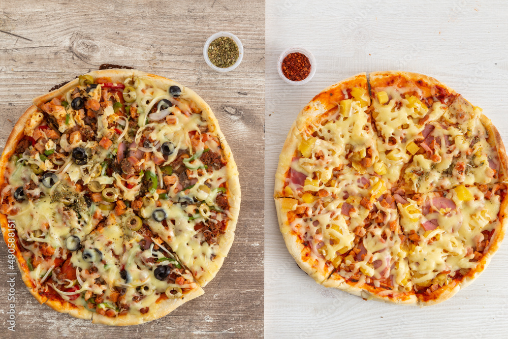 wallpaper of two complete artisan pizzas in a round shape with ...