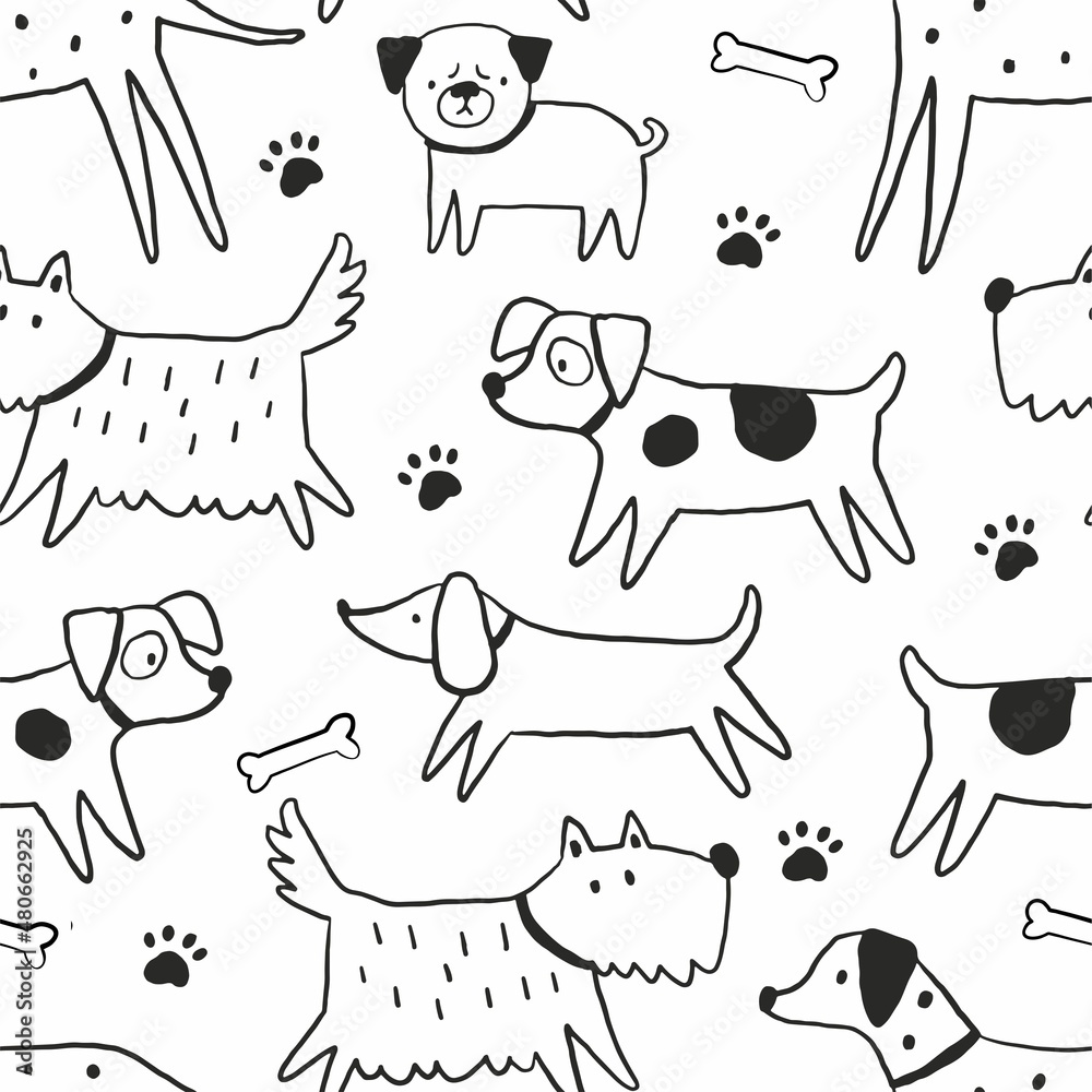 Cute Hand drawn dog - vector print in doodle style. Seamless pattern ...