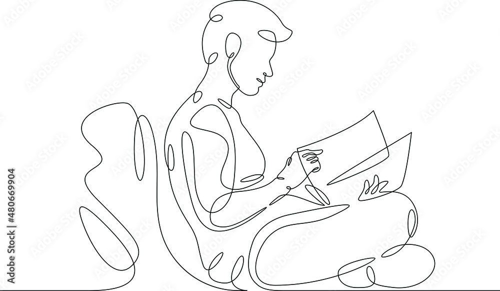 One continuous line.Woman reads a book. A student reads a textbook ...