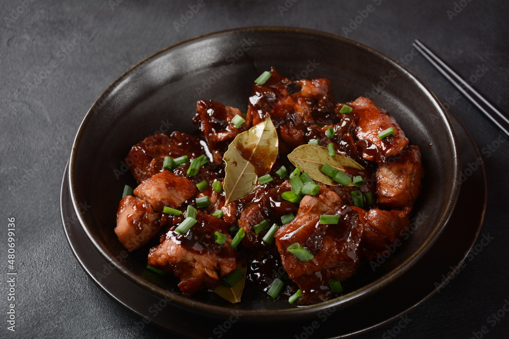 Homemade Filipino Adobo Pork with White Rice. Close-up shot of Filipino ...