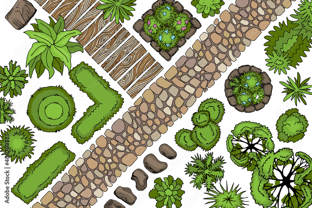 Vector illustration. Landscape design. Top view. Wooden and stone path ...