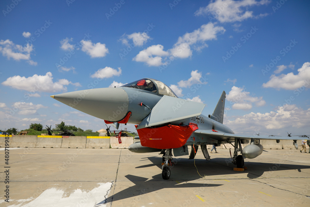 German Air Force Eurofighter Typhoon fighter aircraft on display at an ...