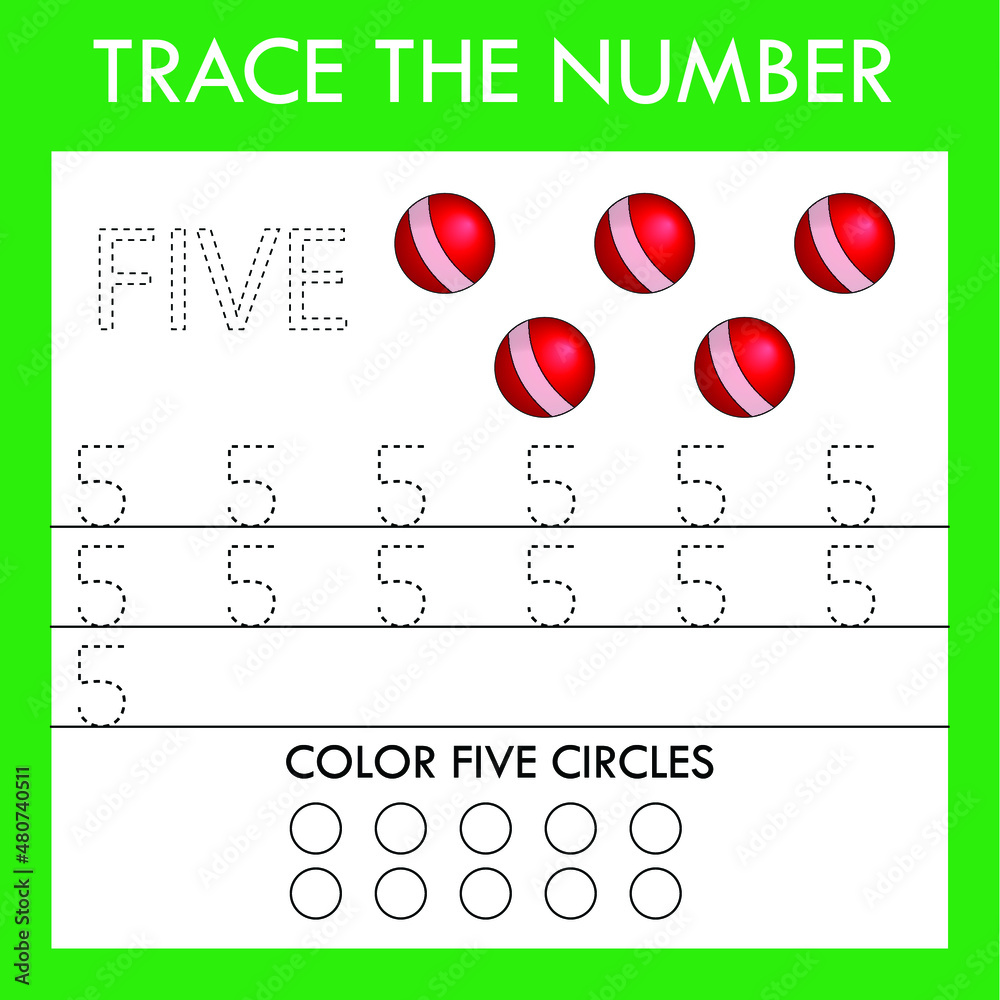 Number five stroke worksheet with balls for fine motor skills kids ...
