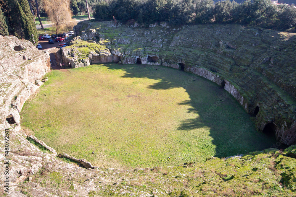 An Amphitheatre of Sutri,Italy.It is a rare example of a Roman building ...