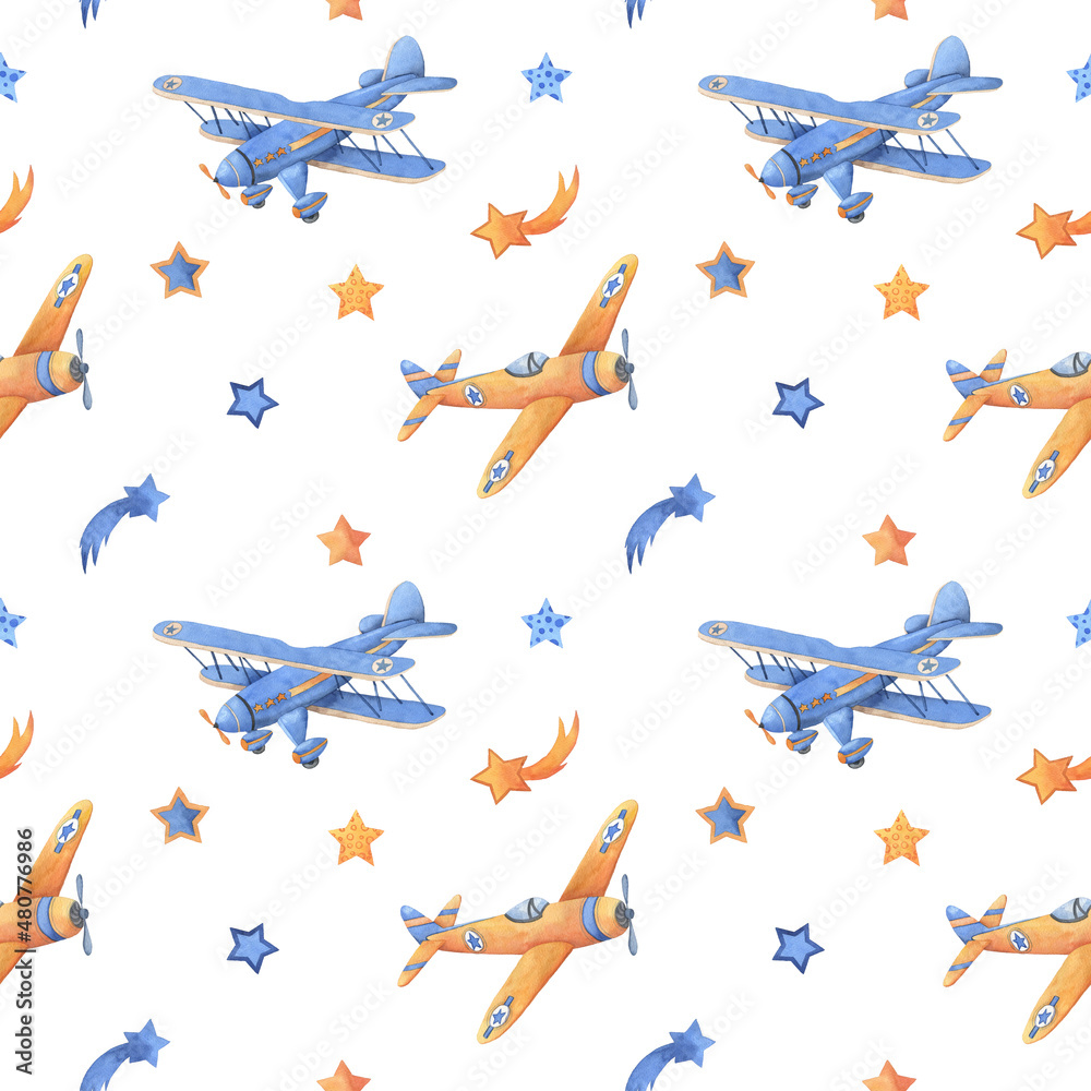 Seamless pattern with vintage airplanes and stars. Hand drawn ...