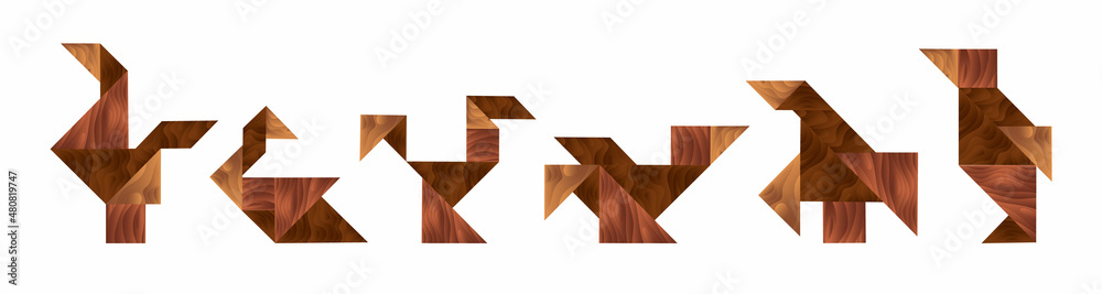 Vector set tangram games with figures laid out in form of birds ...