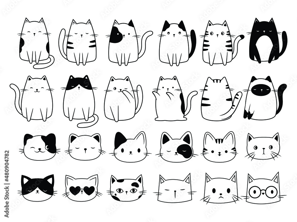 Vetor Set of cute cats. Collection of funny cartoon animal. Lovely ...