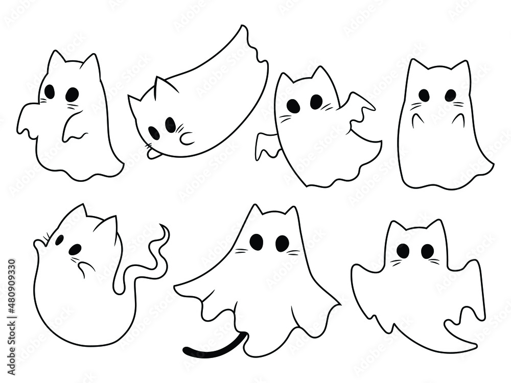 Set of cute ghost cats. Collection of cute flying kittens spirit ...