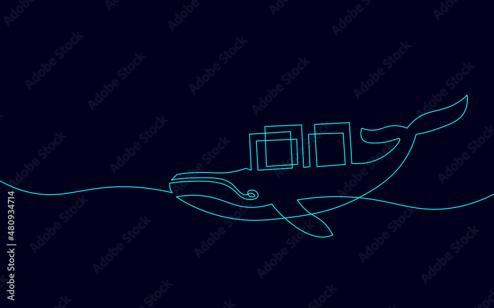 One line whale and container computer docker developer app concept. Sketch drawing open source ...