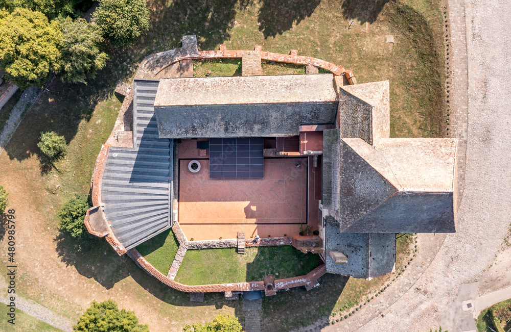 Aerial view of medieval Gothic Simontornya castle protecting the cross ...