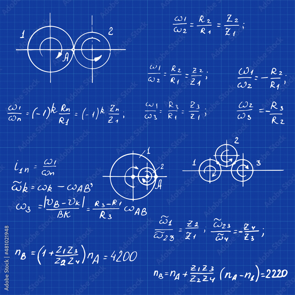 Rotation. Physical symbols with equations, drawings, diagrams, graphs ...
