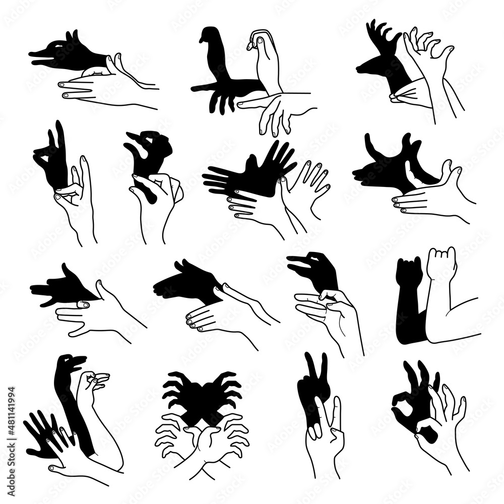 Hands shadow. Theatrical gestures hands puppets creative poses from ...