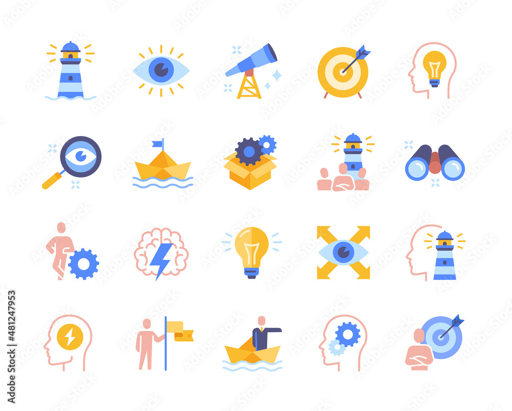 Vision and innovation business icon set. Colorful stickers with eyes ...