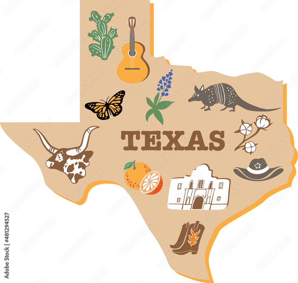 Texas map with vector symbols, animals, plants. Flat illustration Stock ...