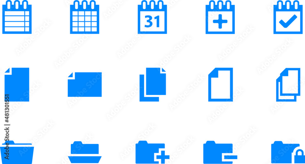 blue file folder icon set. plus-minus lock icon set. sign black design ...