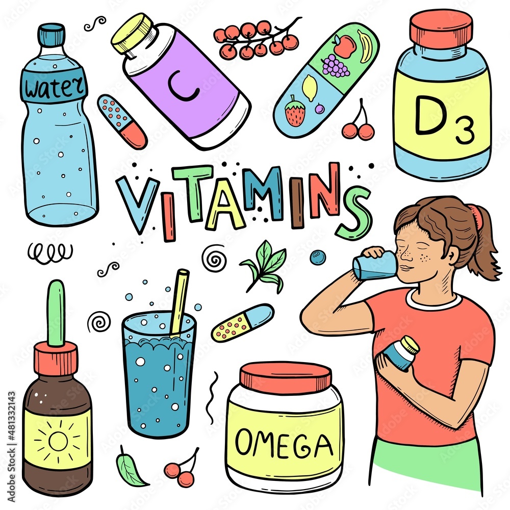 Vector color drawing of vitamins and supplements. Amino acids. Water ...