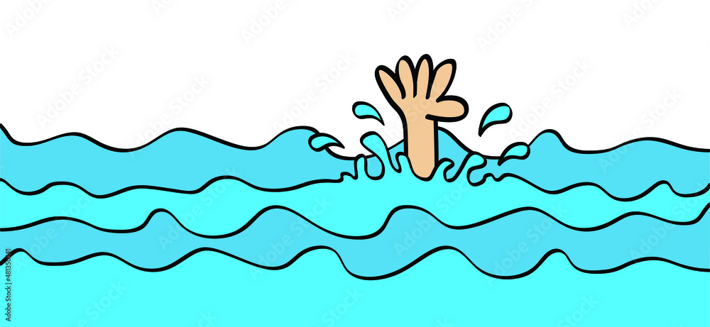 Cartoon people, man or woman and his hand drowning, needing help ...