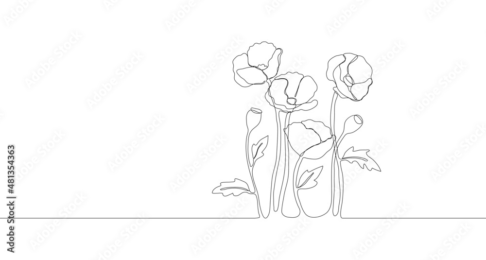 Single line. Poppy flowers. Doodle floral border. Continuous line ...
