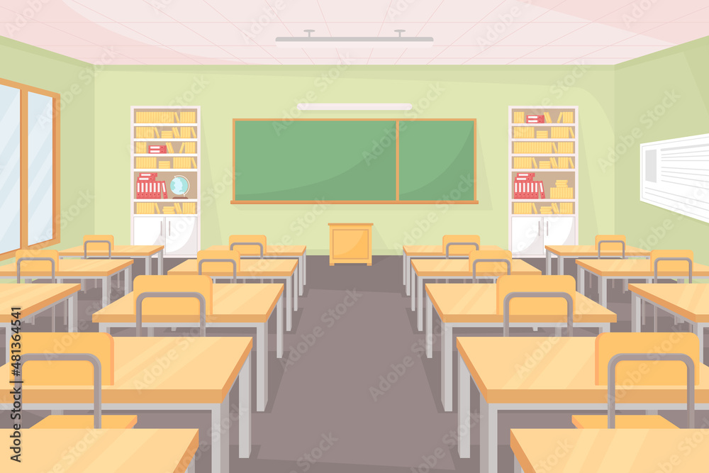 School classroom flat color vector illustration. Empty class with row ...