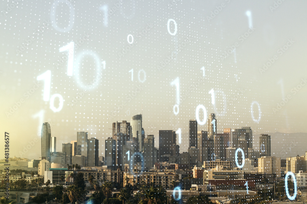 Abstract virtual binary code sketch on Los Angeles office buildings background, hacking and ...