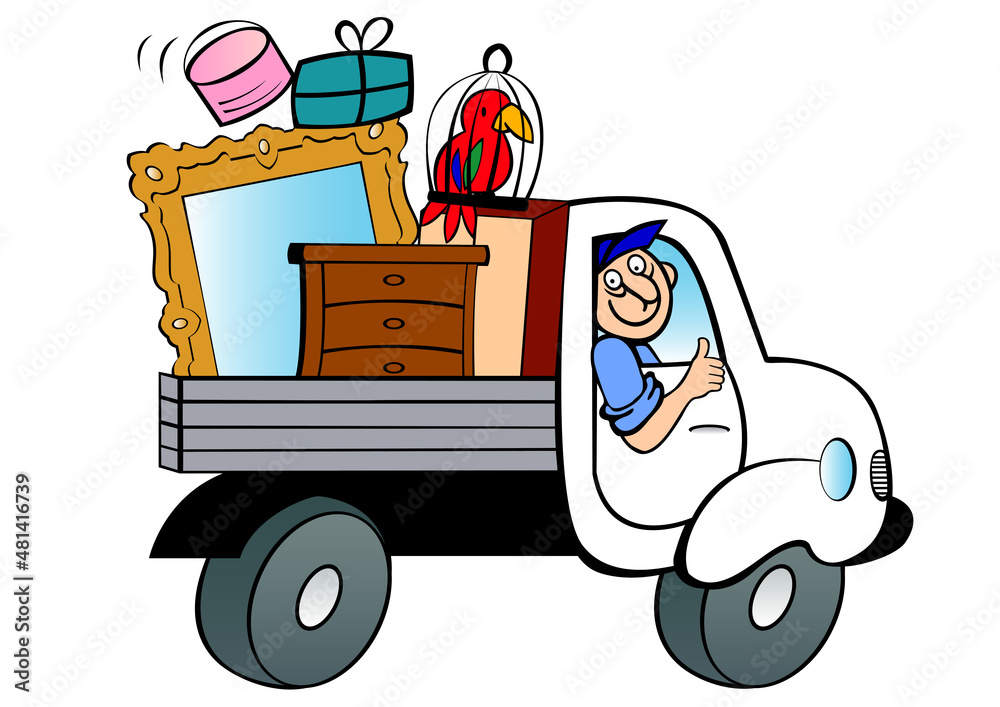 Comic Karikatur Umzug mit Transporter und Möbeln Stock Vector | Adobe Stock