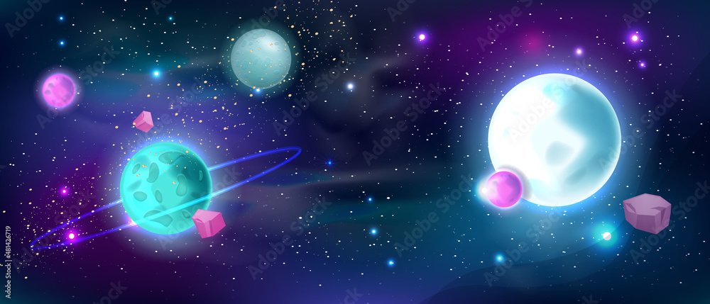 Space background, vector universe galaxy sky, cosmic night neon planet ...