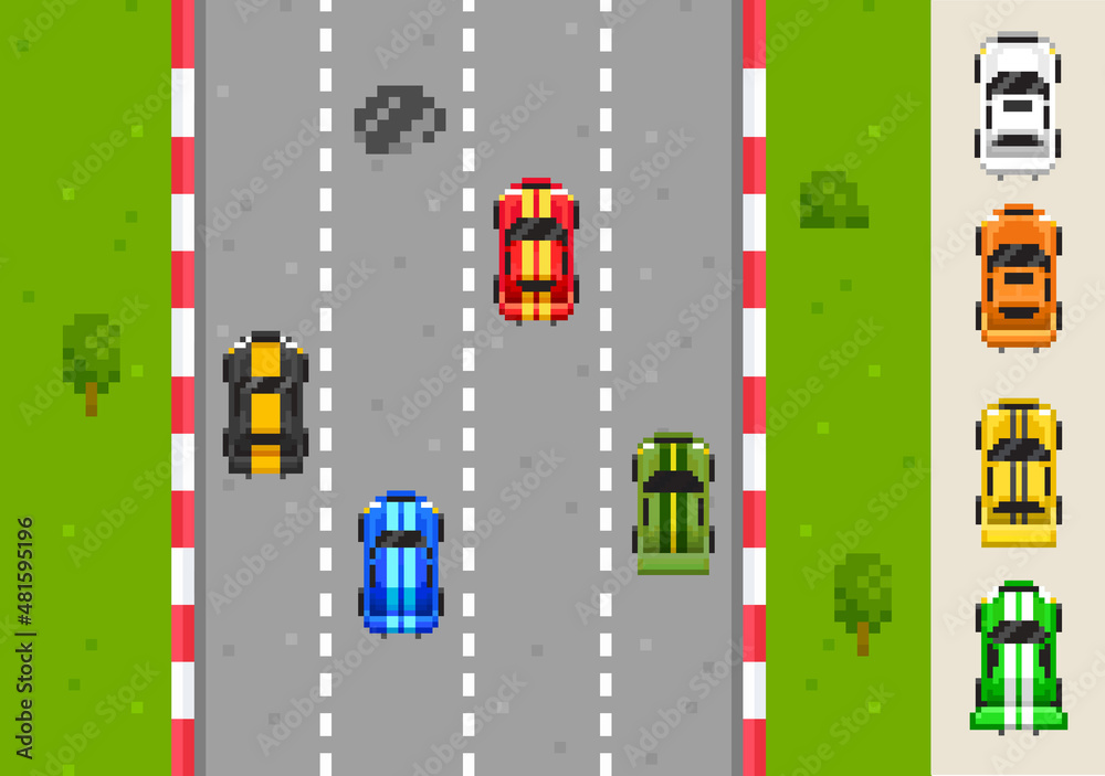 Image vectorielle Stock Pixel Art Race game with top view cars and ...